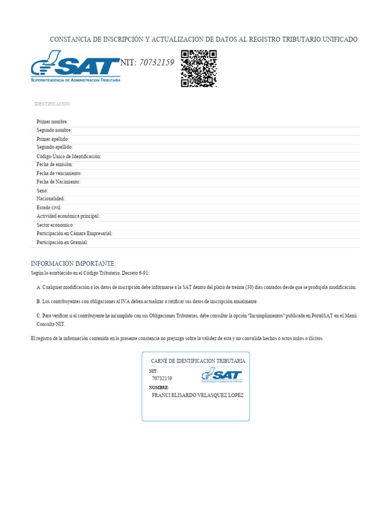 Constancia de Inscripción Y Actualización de Datos Al Registro Tributario Unificado | PDF