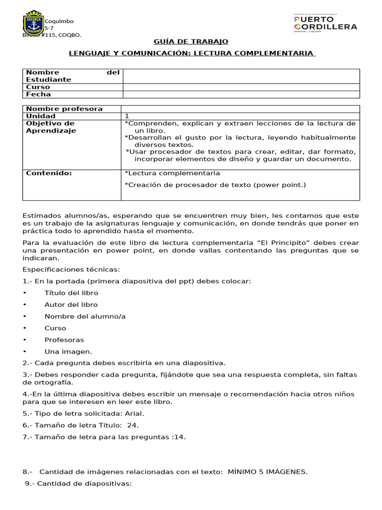 Guía Lenguaje Lectura Complementaria Principito | PDF