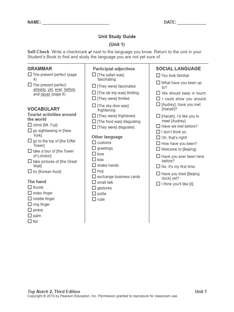 UNIT 01 Unit Study Guide Top Notch 1 | PDF