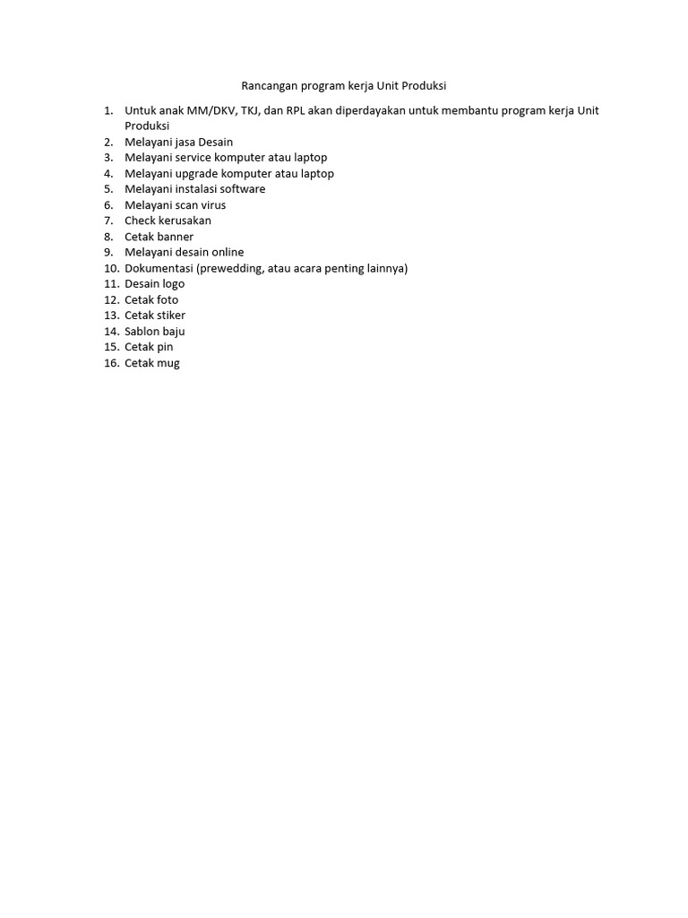 Rancangan Program Kerja Unit Produksi | PDF