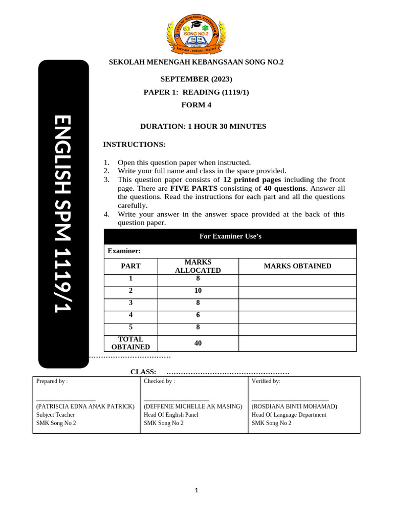 Reading Paper Form 4 SEPT2023 | PDF