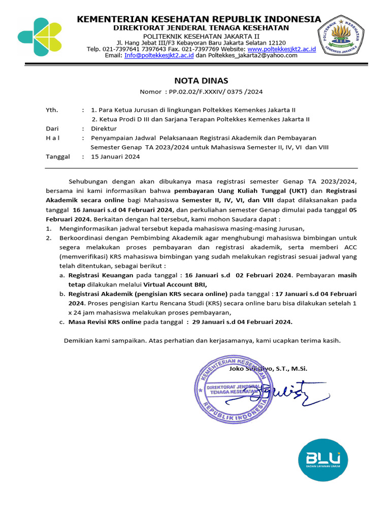 FIX - Nota Dinas Pemberitahuan Registrasi SMTR GENAP 2023-2024 | PDF