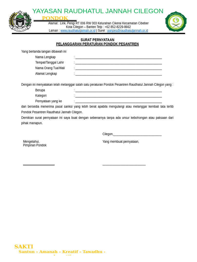 Surat Pernyataan Pelanggaran Santri | PDF