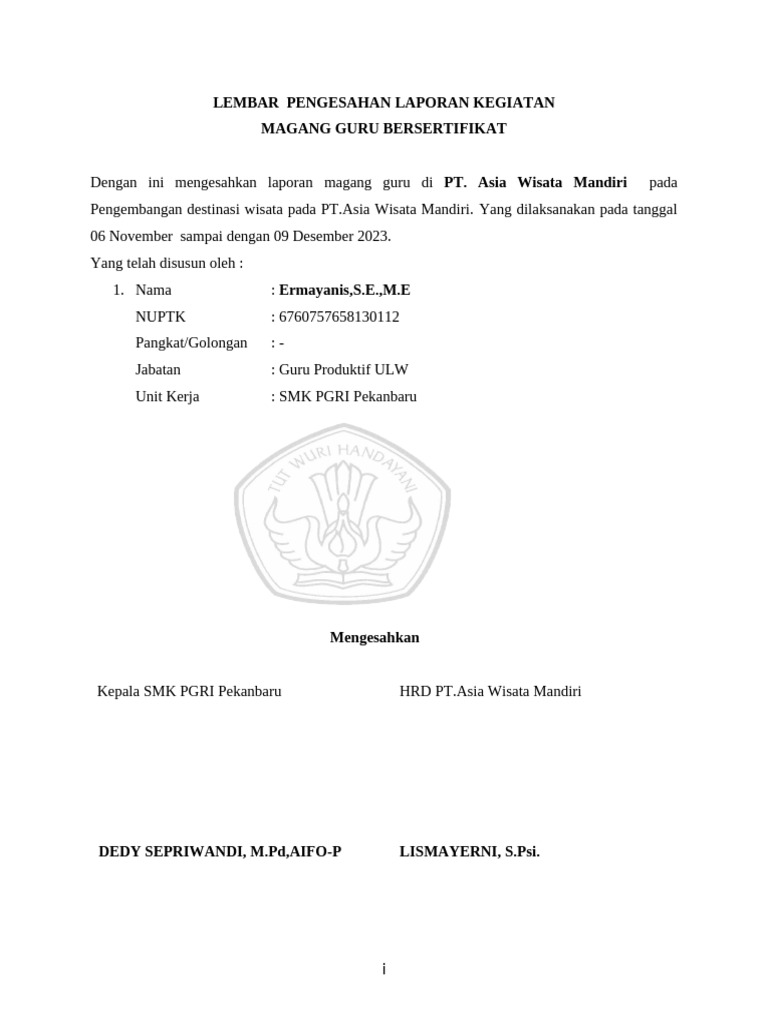Lembar Pengesahan Laporan Magang | PDF
