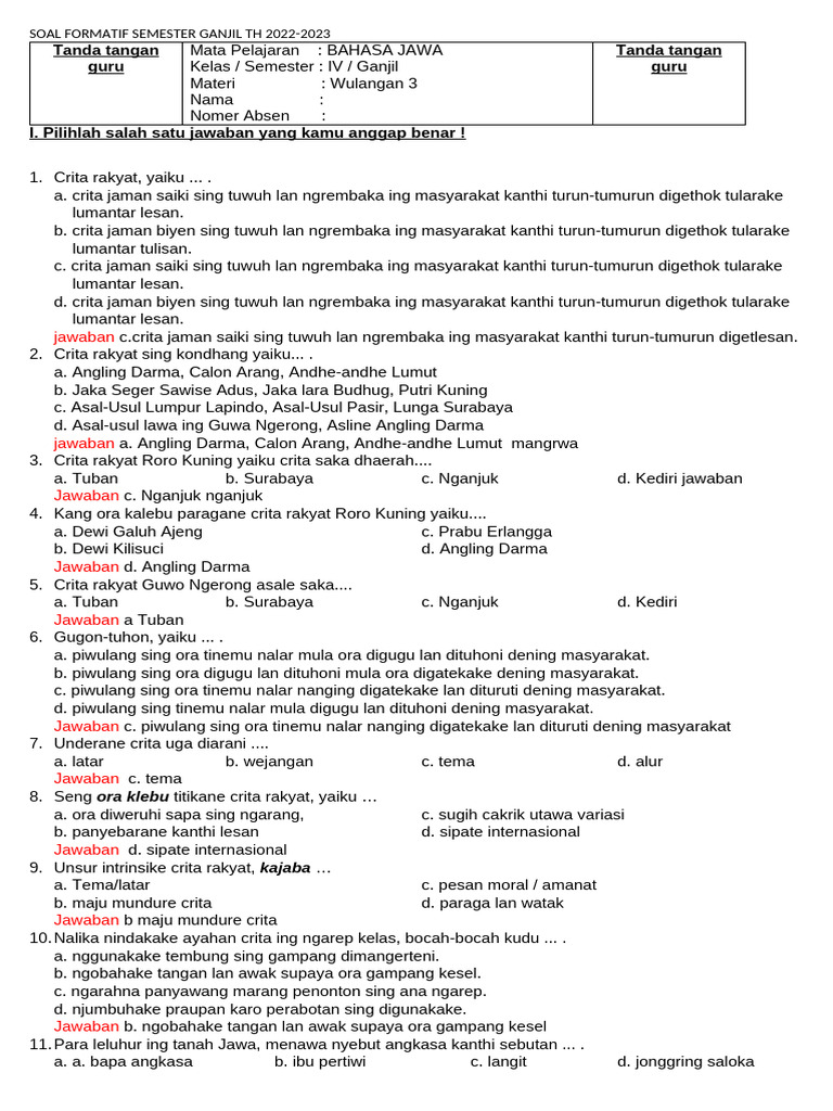Soal SMT Genap TH 2024 - BHS Jawa | PDF