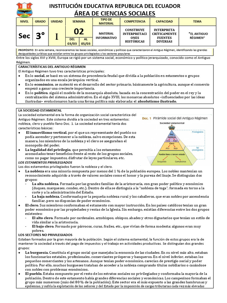 Ficha Informativa - Ccss - 3o - Sesion - 02 EL ANTIGUO REGIMEN | PDF | Nobleza | Clero