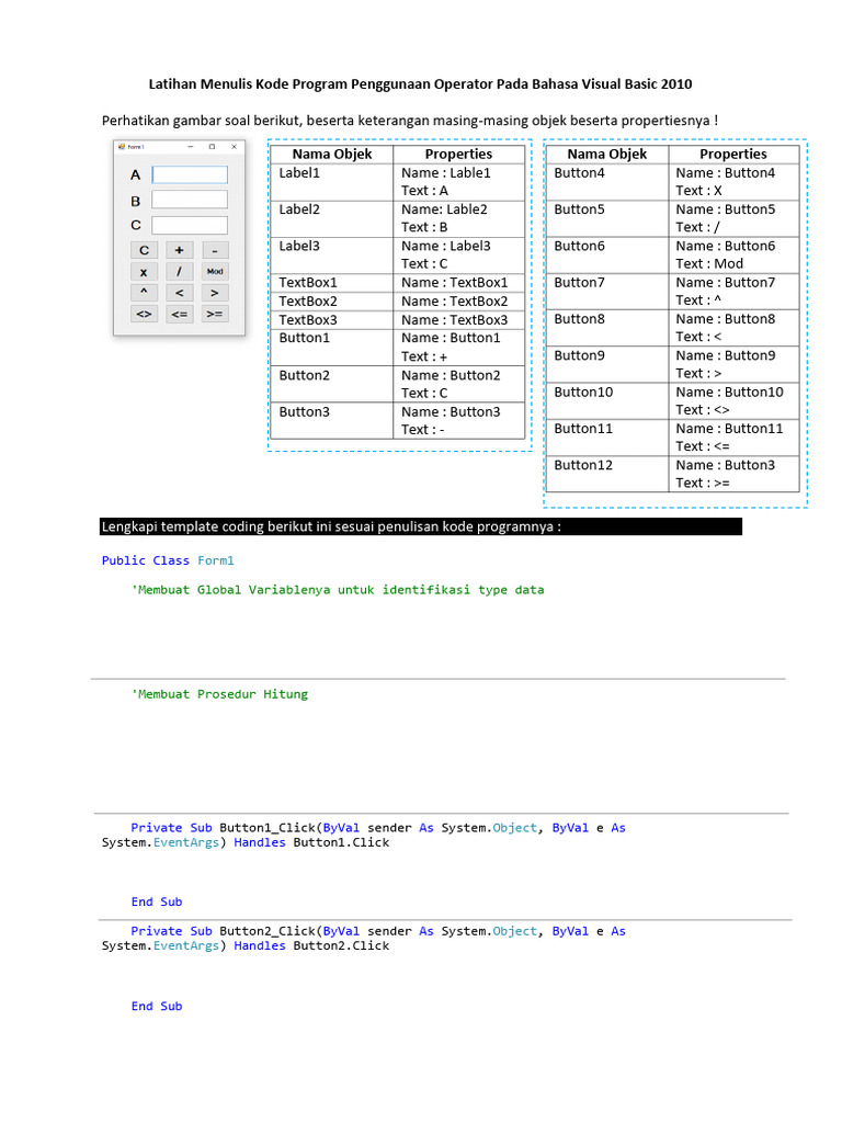 Latihan Menulis Kode Program Penggunaan Operator Pada Bahasa Visual Basic 2010 | PDF | Komputer