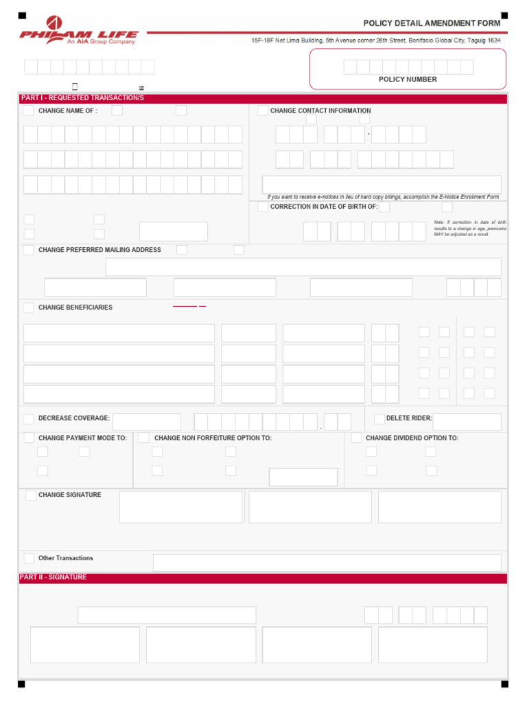 Aia Policy Detail Amendment Form | PDF