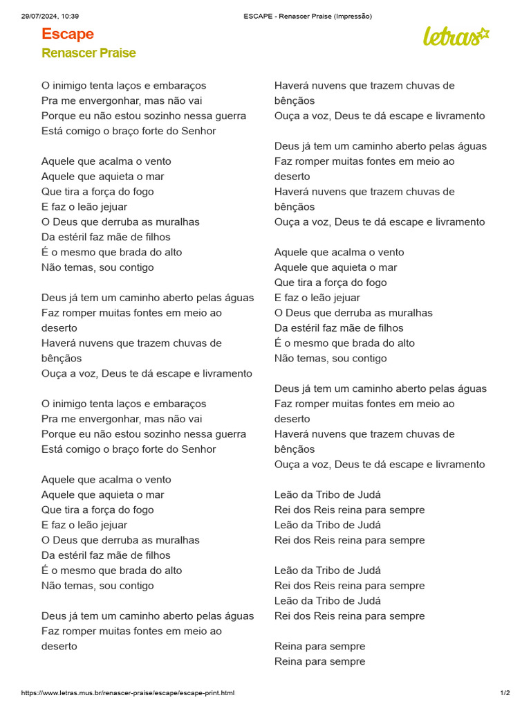 ESCAPE - Renascer Praise - Letra | PDF