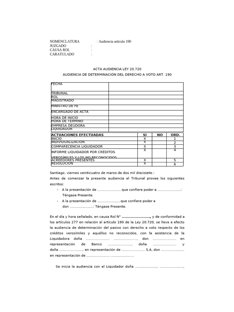 Acta Audiencia de Determinación de Derecho A Voto Art. 190 Ley 20720 ...