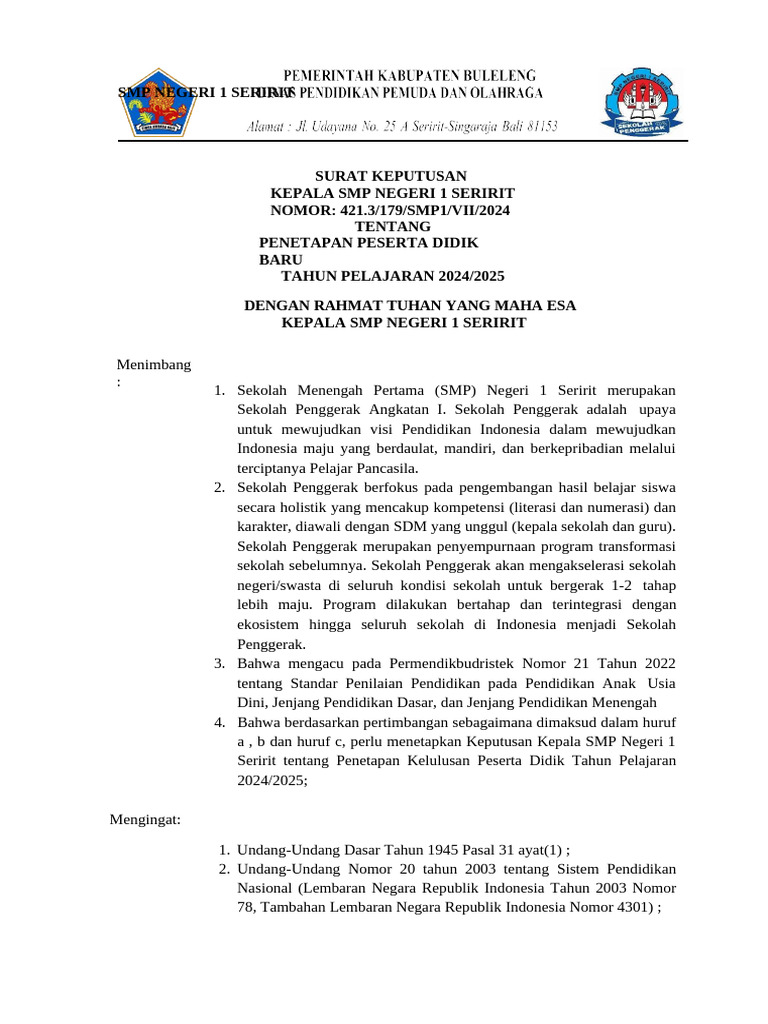 SK Penetapan PPDB Tahun Ajaran 2024-2025 | PDF