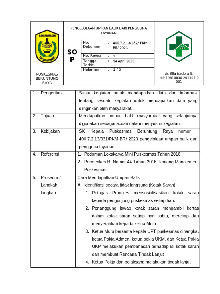 SOP PENGELOLAAN UMPAN BALIK DARI PENGGUNA LAYANANdocx | PDF