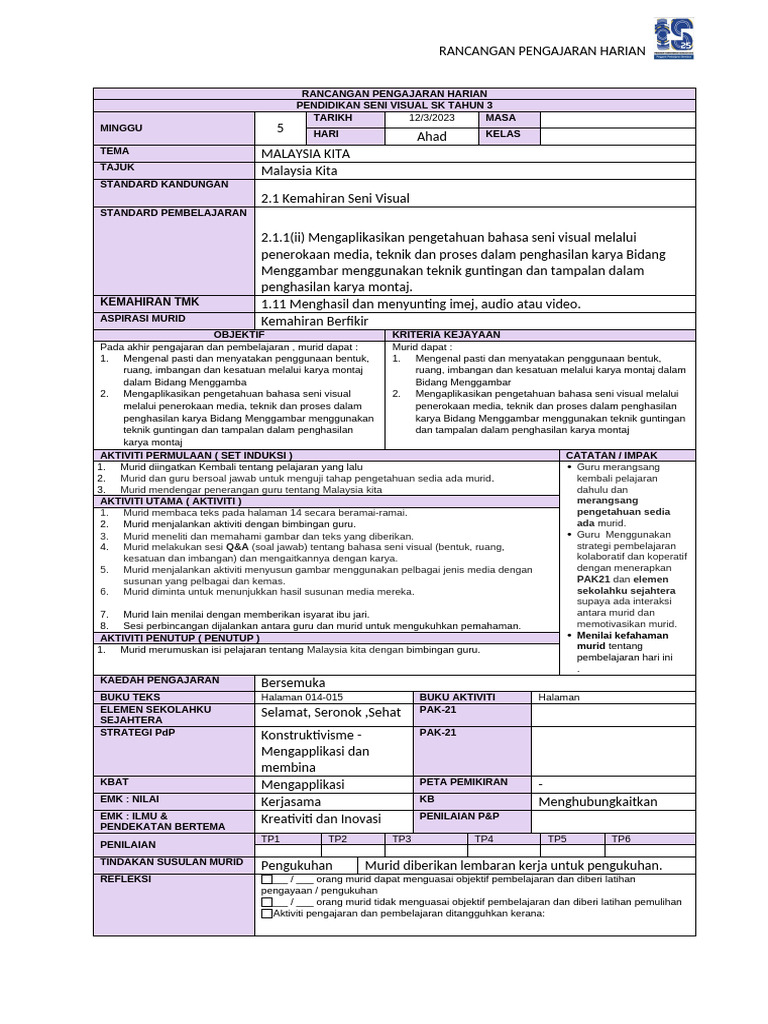 RPH Minggu 5 PSV THN 3 2023 by Cikgu Gorgeous | PDF