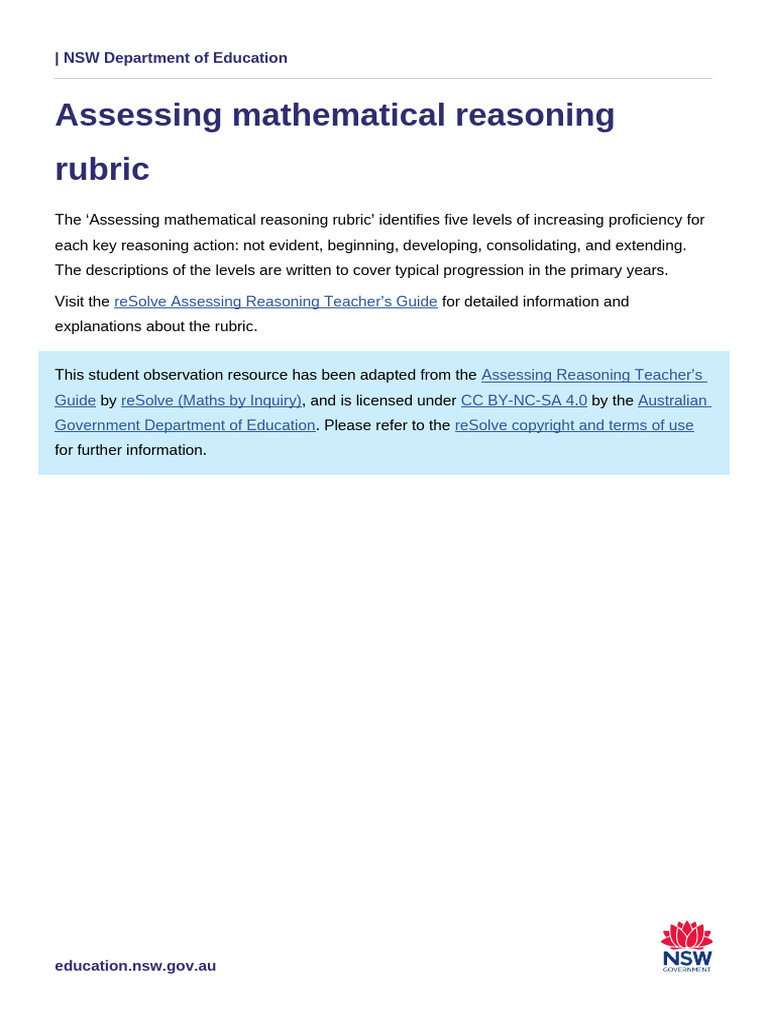 Mathematics Es1 s1 Assessing Reasoning Rubric Student Observation | PDF