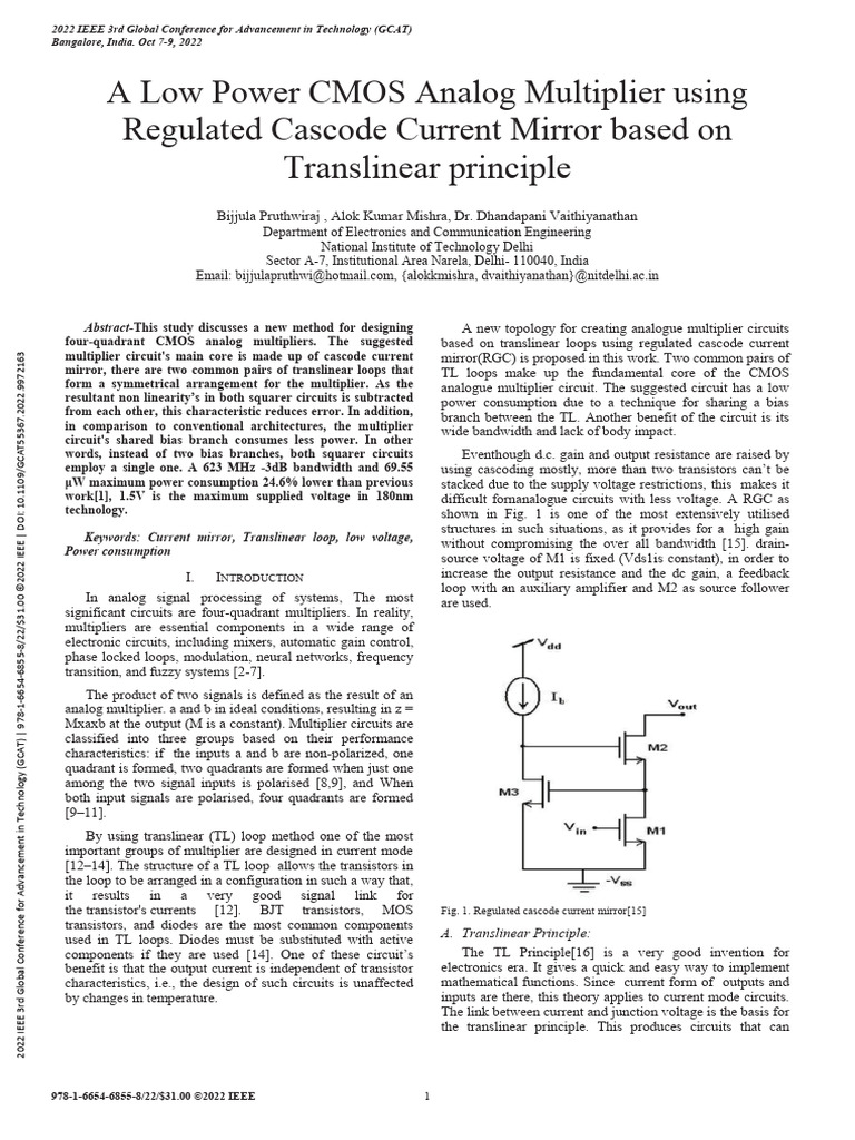 A Low Power Cmos Analog Multiplier Using Regulated Cascode Current