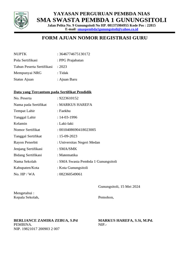 Form Ajuan Nomor Registrasi Guru | PDF