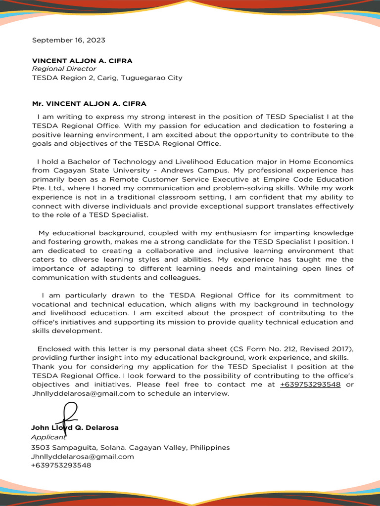 Application Letter - John Lloyd Delarosa | PDF