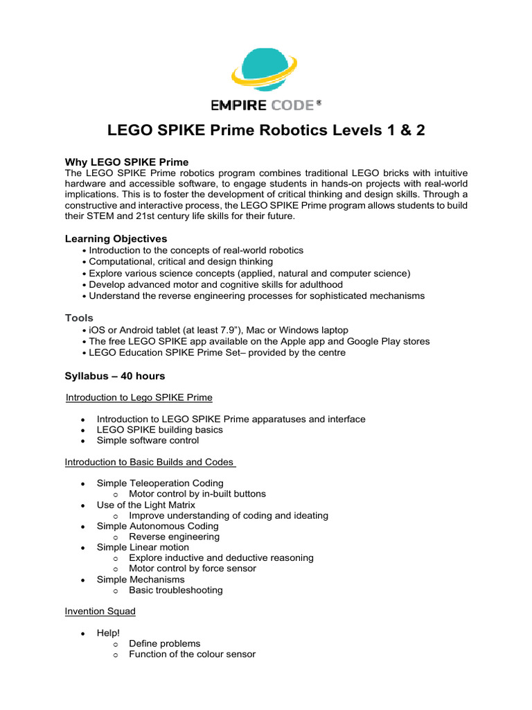 Empire Code - LEGO SPIKE Robotics Levels 1 & 2 - Framework | PDF