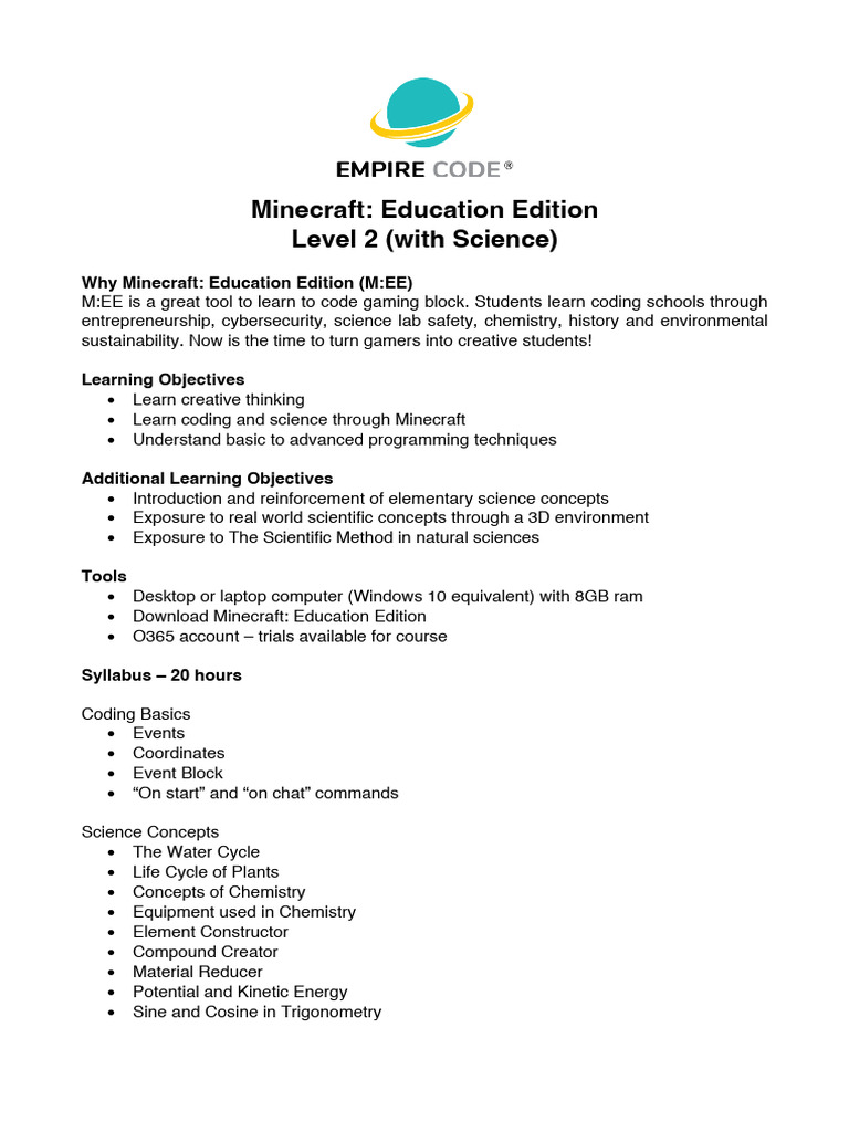 Empire Code - Minecraft Coding & Game Design Level 2 - Framework | PDF