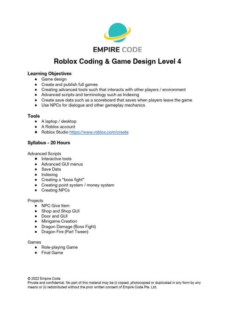 Empire Code - Roblox Coding & Game Design Level 4 - Framework | PDF