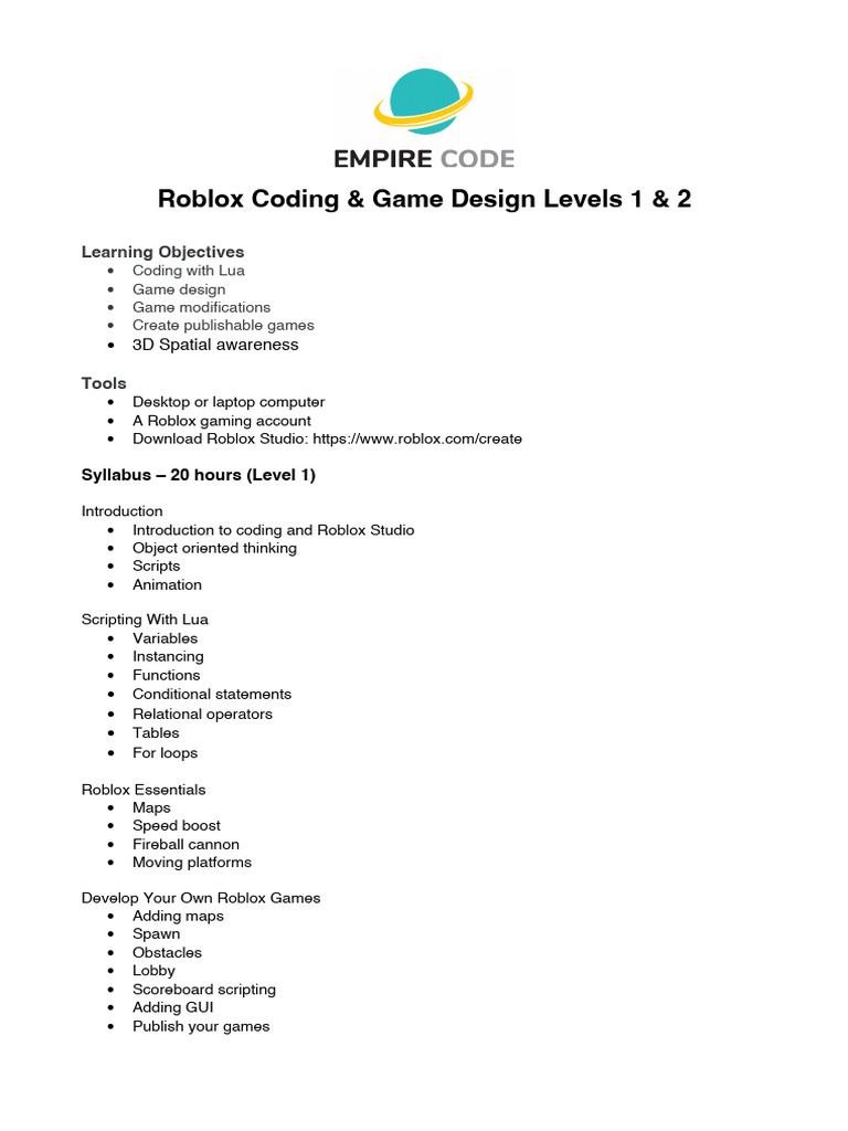Empire Code - Roblox Coding & Game Design Levels 1&2 - Framework | PDF