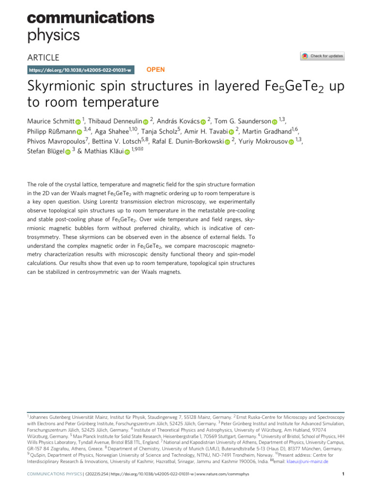 Skyrmionic Spin Structures in Layered Fe Gete Up To Room Temperature | PDF