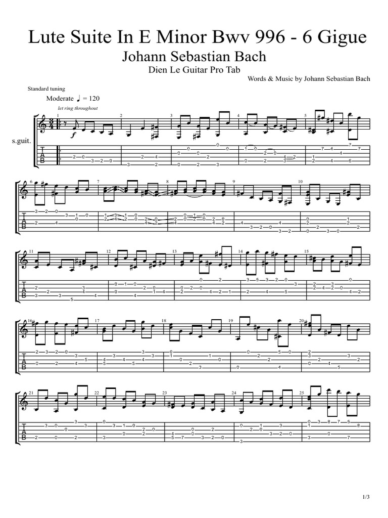 Lute Suite in E Minor BWV 996 - 6 Gigue by Johann Sebastian Bach With ...