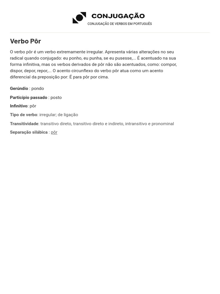 Conjugação Do Verbo Pôr - Conjugação de Verbos | PDF