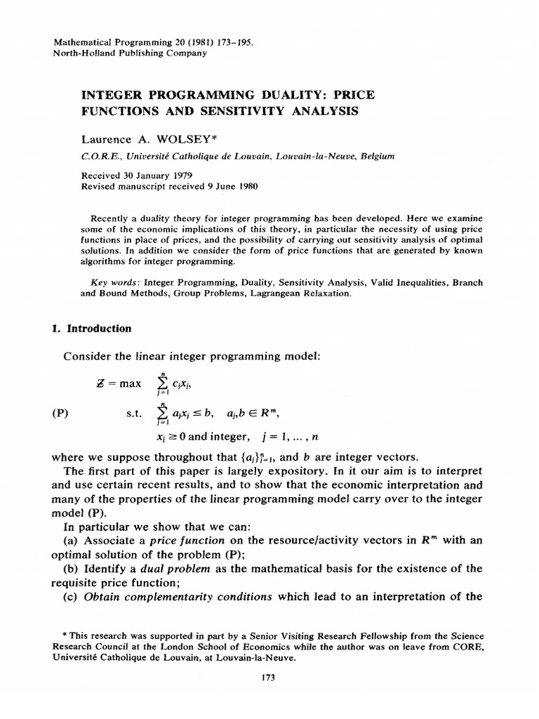 1981 - Integer Programming Duality. Price Functions and Sensitivity Analysis | PDF