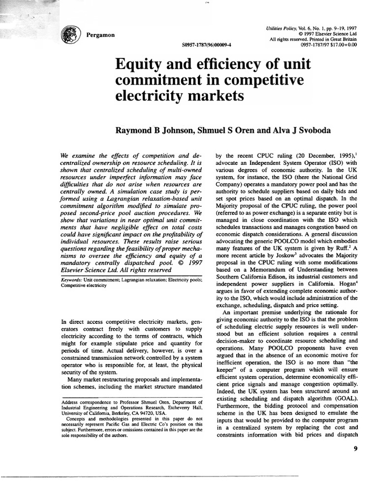 1997 - Equity and Efficiency of Unit Commitment in Competitive ... 1997 - Equity and Efficiency of Unit Commitment in Competitive ...