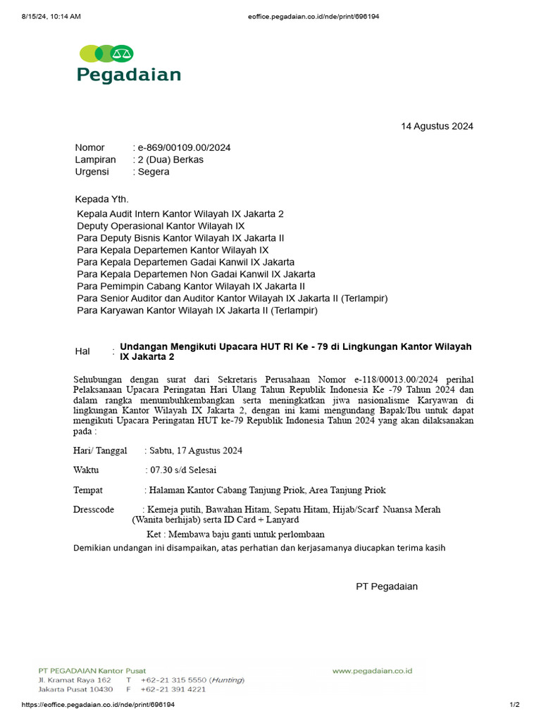 Undangan Mengikuti Upacara Hut Ri Ke 79 Di Lingkungan Kantor Wilayah