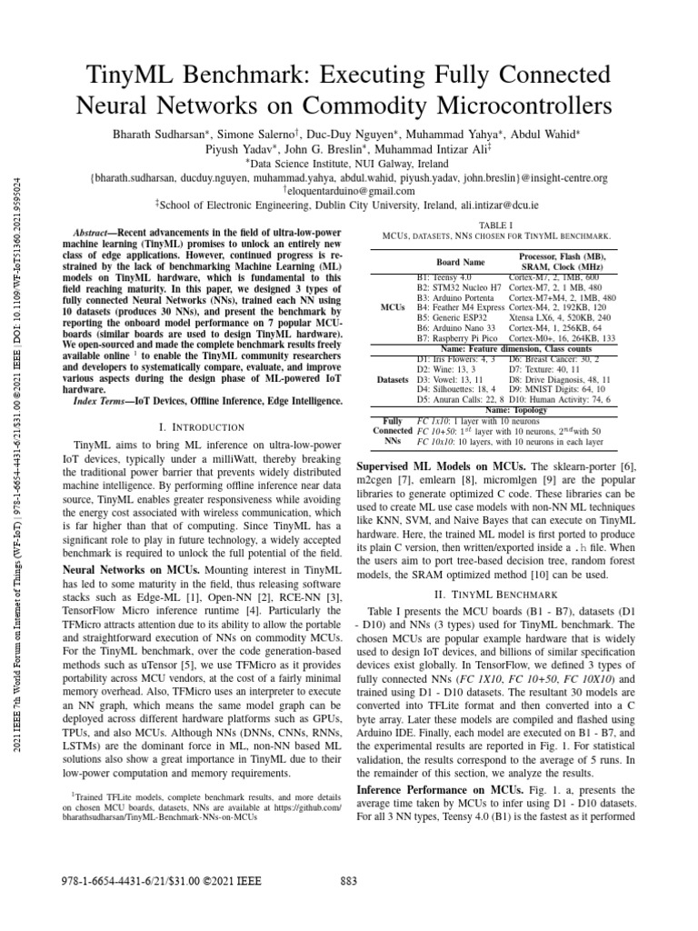 TinyML Benchmark Executing Fully Connected Neural Networks On Commodity Microcontrollers | PDF