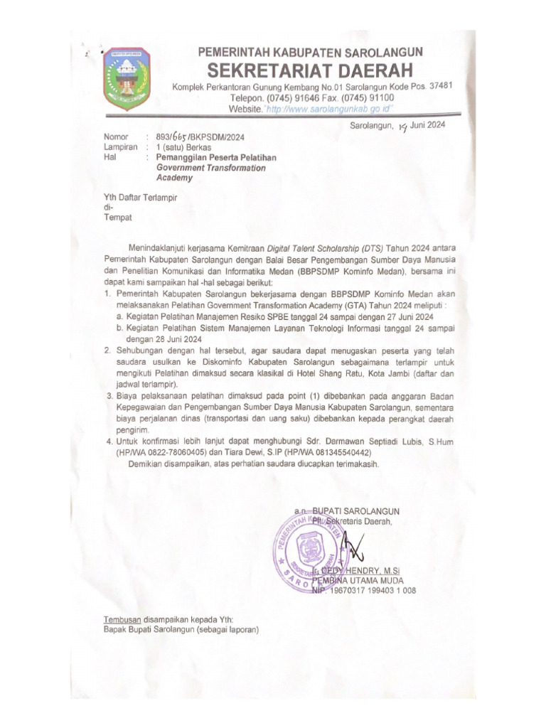 Surat Pemanggilan Peserta Pelatihan GTA - MLTI | PDF