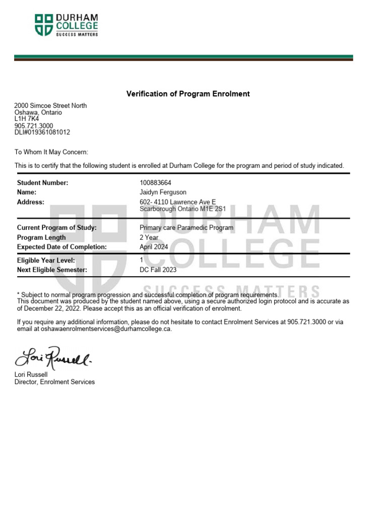 Verification of Program Enrolment: Name: Student Number: Address | PDF ...