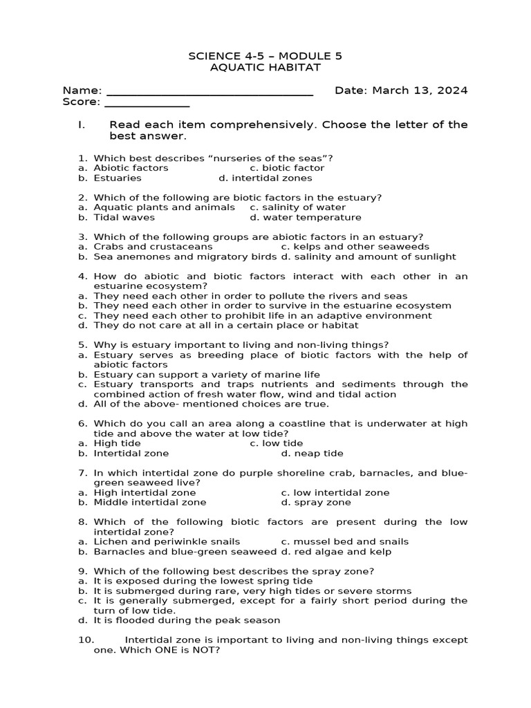 SCIENCE 4-5 Aquatic Habitat | PDF