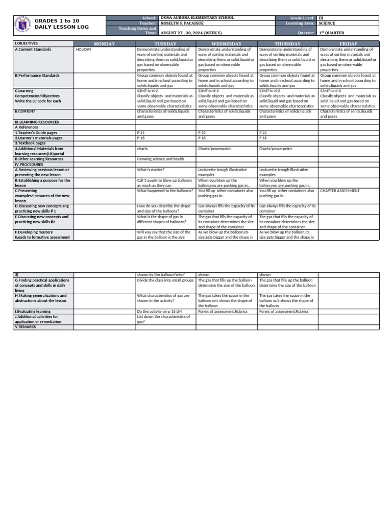 DLL - Science 3 - Q1 - W5 | PDF
