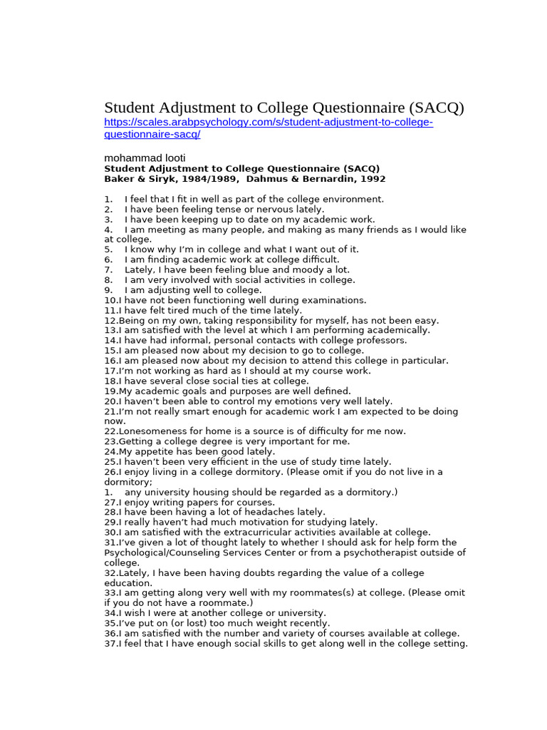 0-Baker & Siryk-Student Adjustment To College Questionnaire | PDF