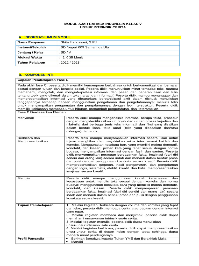 Modul Ajar Bindo Unsur Cerita | PDF