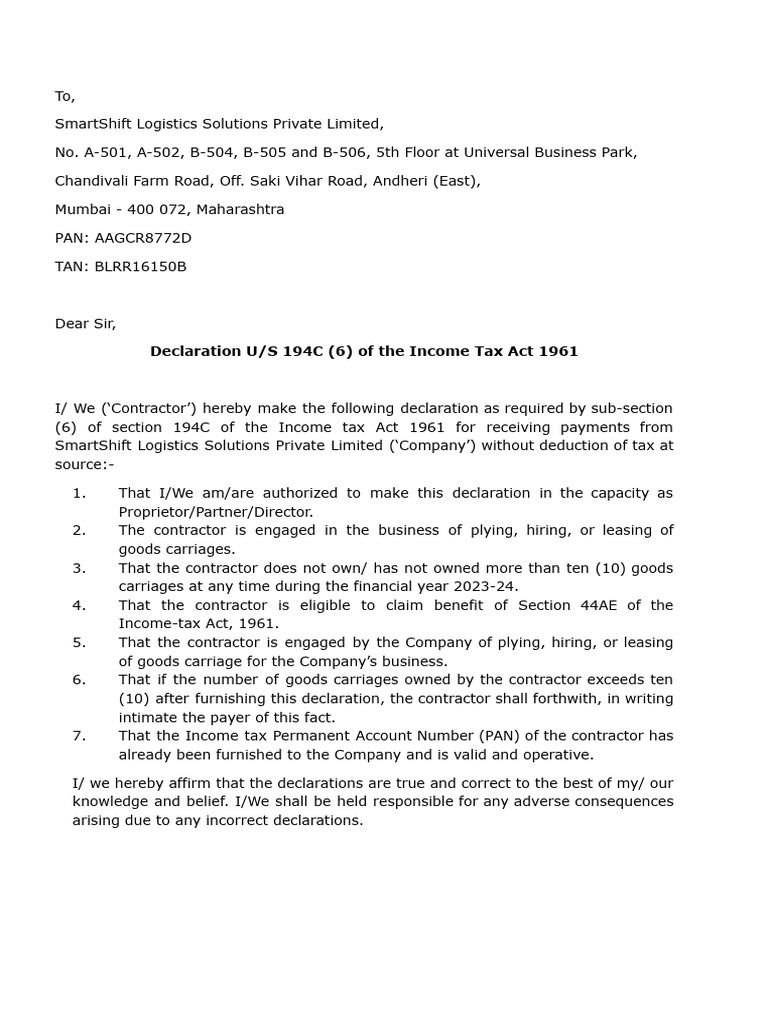 TDS - Declaration - 194-C (6) - FY23-24 | PDF