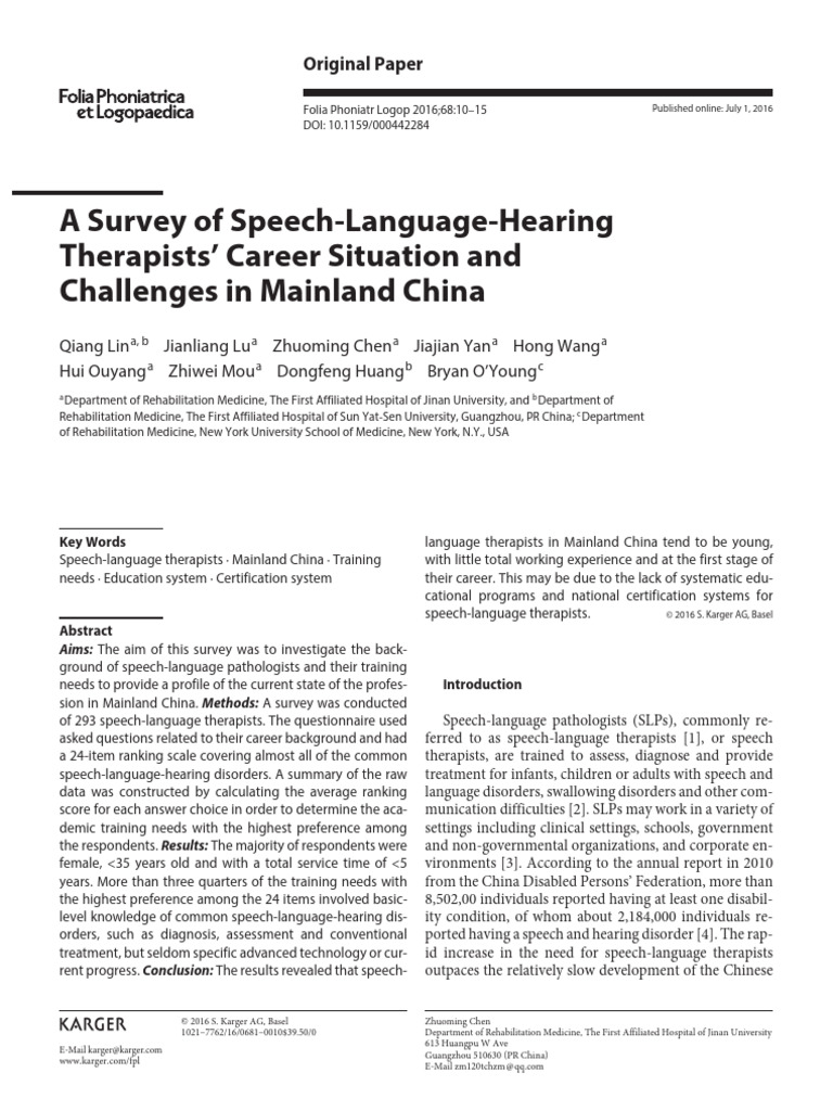 A Survey of Speech Language Hearing Therapists Career Situation and ...