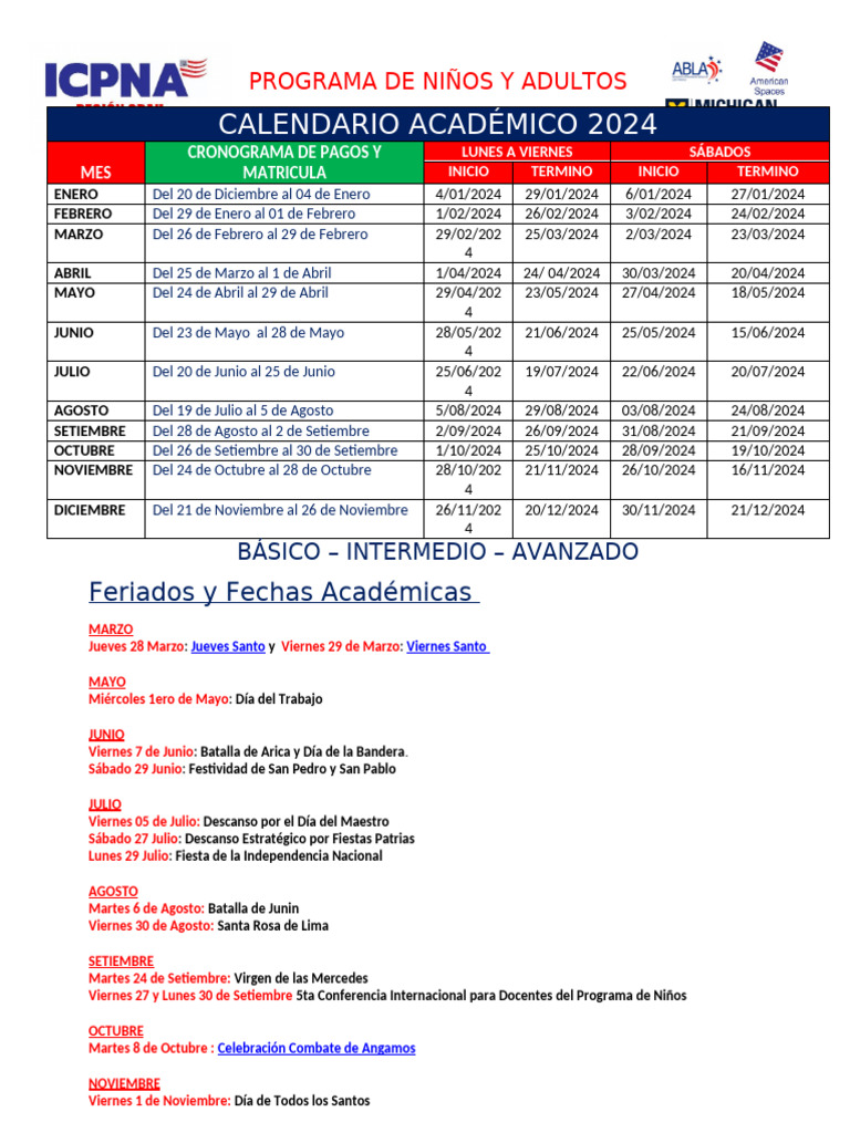 Calendario Académico Año 2024 | PDF | Observancias