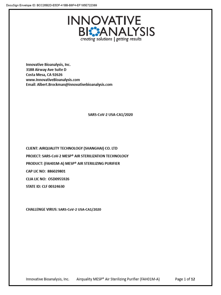 FAH SARS-CoV-2 disinfection performance IBA Lab report (1) | PDF