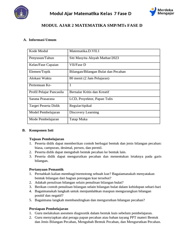 MODUL AJAR MATEMATIKA SMP KELAS VII BAB 2_Revisi | PDF