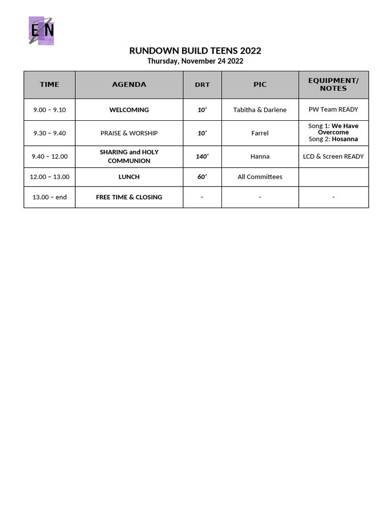 RUNDOWN BUILD TEENS Example | PDF