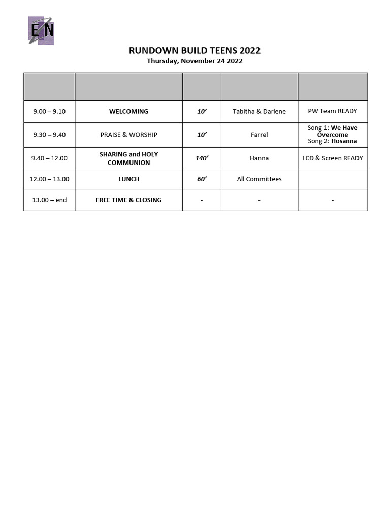 RUNDOWN BUILD TEENS DAY 3 Example | PDF