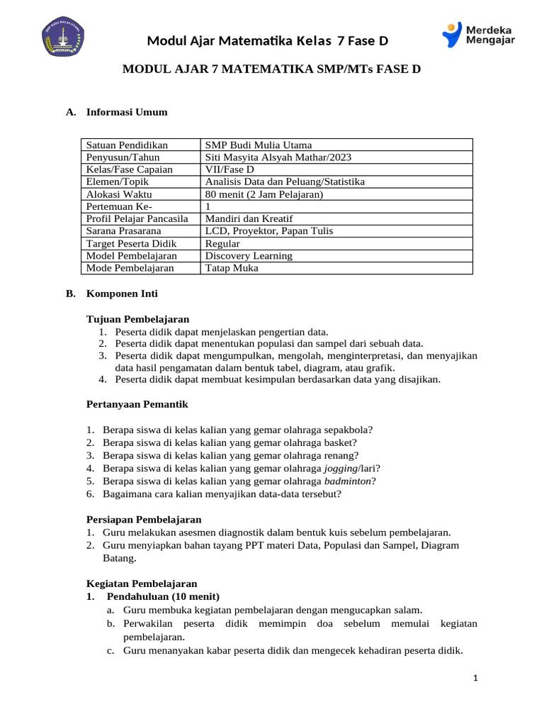 MODUL AJAR MATEMATIKA SMP KELAS VII BAB 7_Revisi | PDF