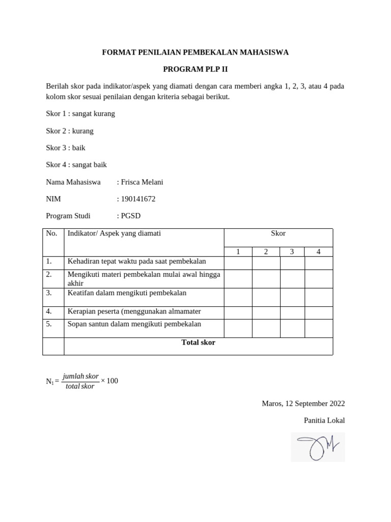 Format Penilaian Pembekalan Mahasiswa | PDF