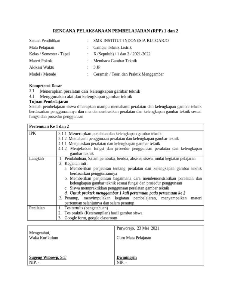 Rencana Pelaksanaan Pembelajaran (RPP) 1 Dan 2 | PDF