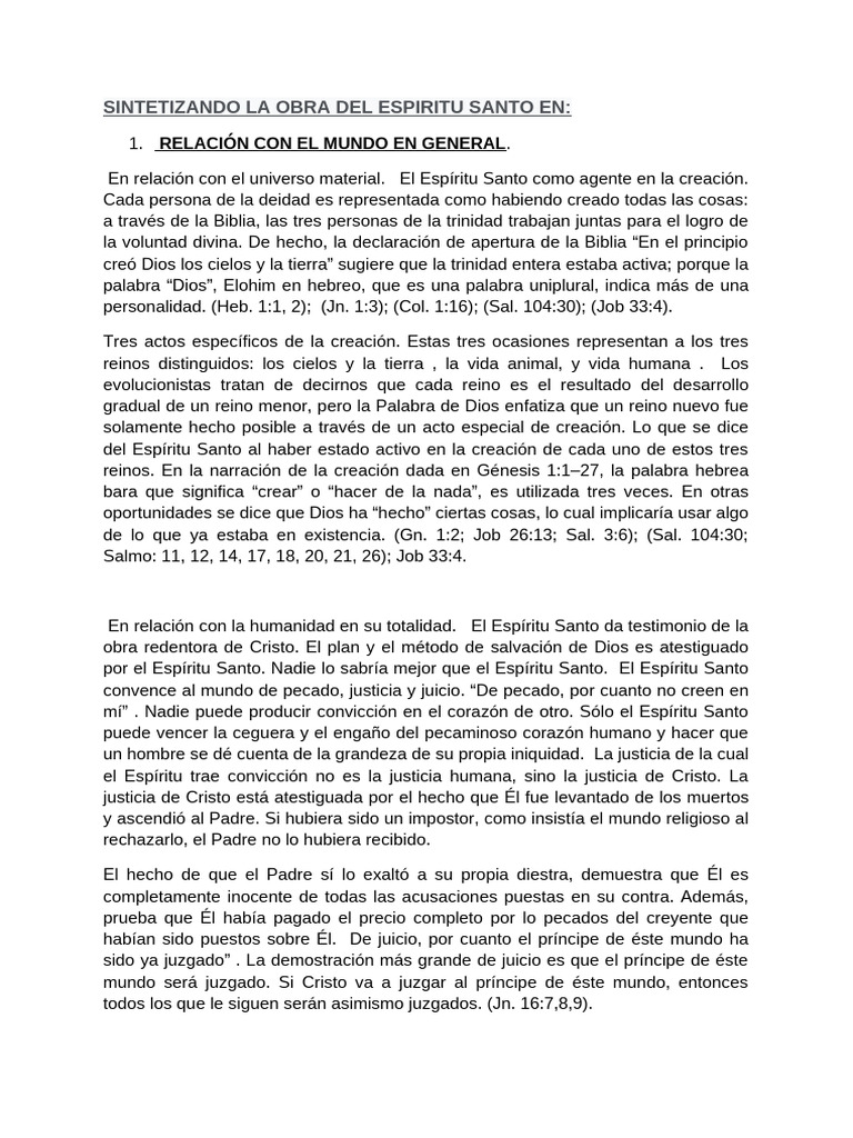 LA OBRA DEL ESPIRITU SANTO EN RELACIÓN CON EL MUNDO EN GENERAL Teologia ...