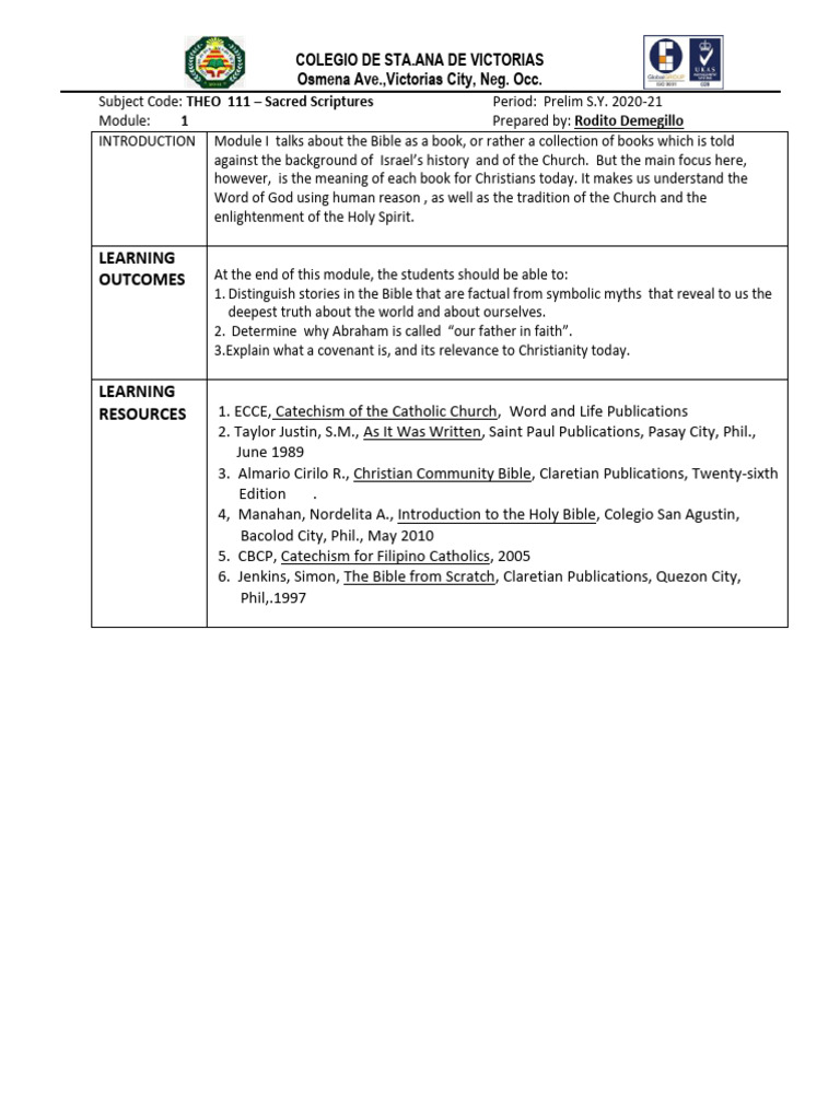 Module 1 THEO 111 | PDF